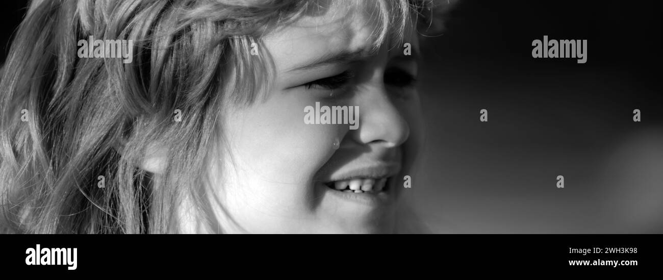Closeup face of child boy crying outdoor. Tears on kids face closeup ...