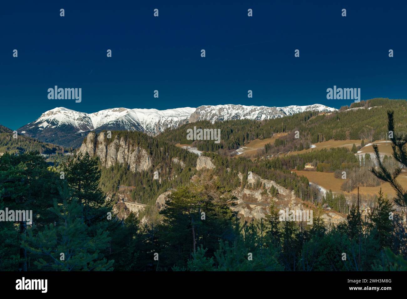 Mountains raiway near Semmering spa town in Austria winter sunny Alps ...