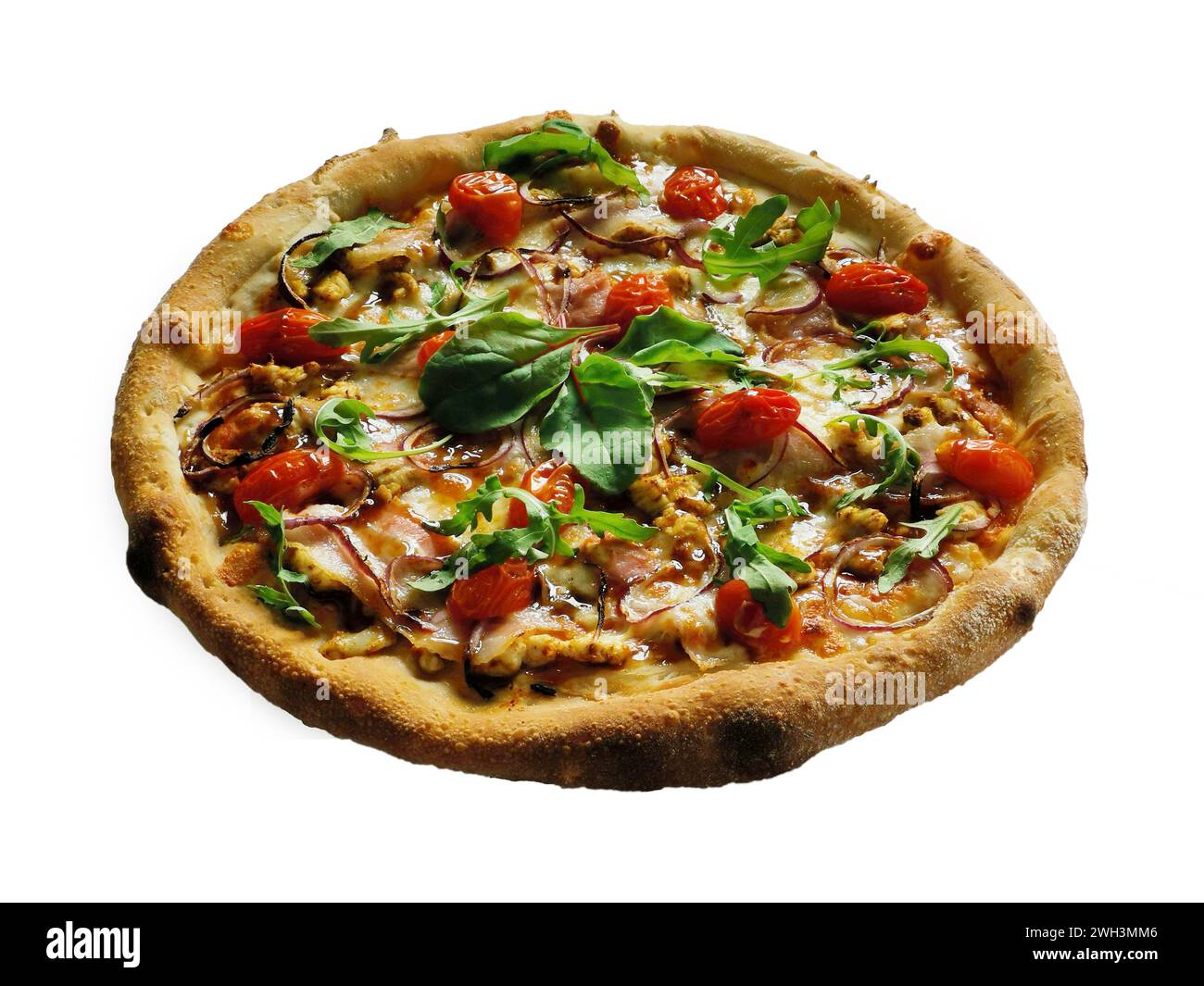 Classic italian pizza Margherita with chicken, tomatoes cherry and ...