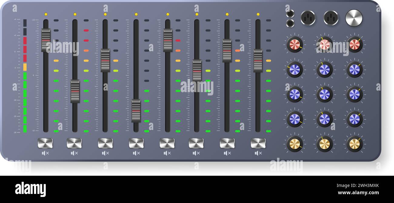Audio mixer board. Multitrack mixing controller, sound level sliders ...