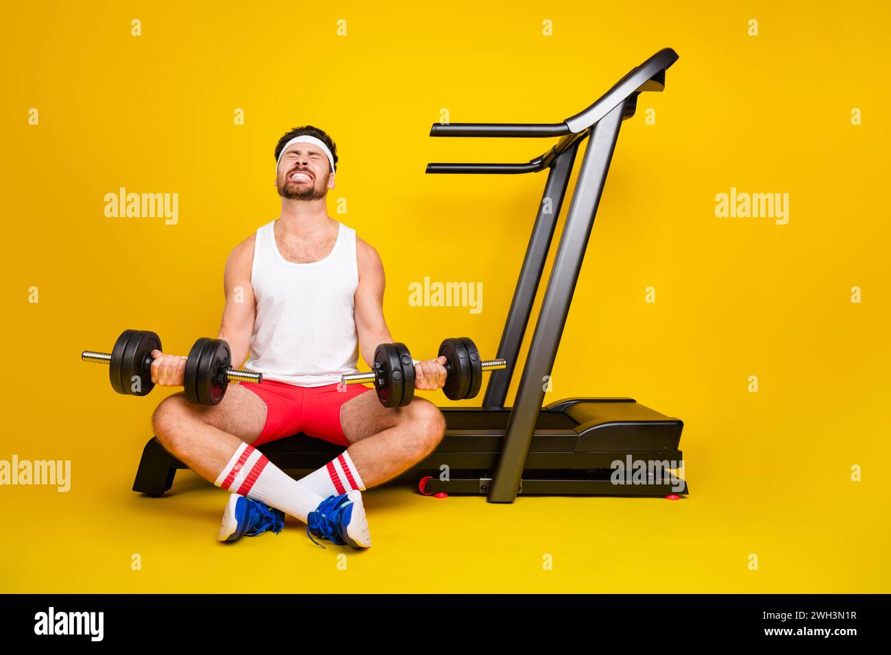 Full body photo of hardworking motivated person sit treadmill lift ...