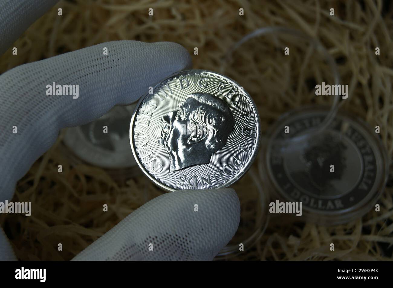 A British silver coin in the hand of a numismatist Stock Photo - Alamy
