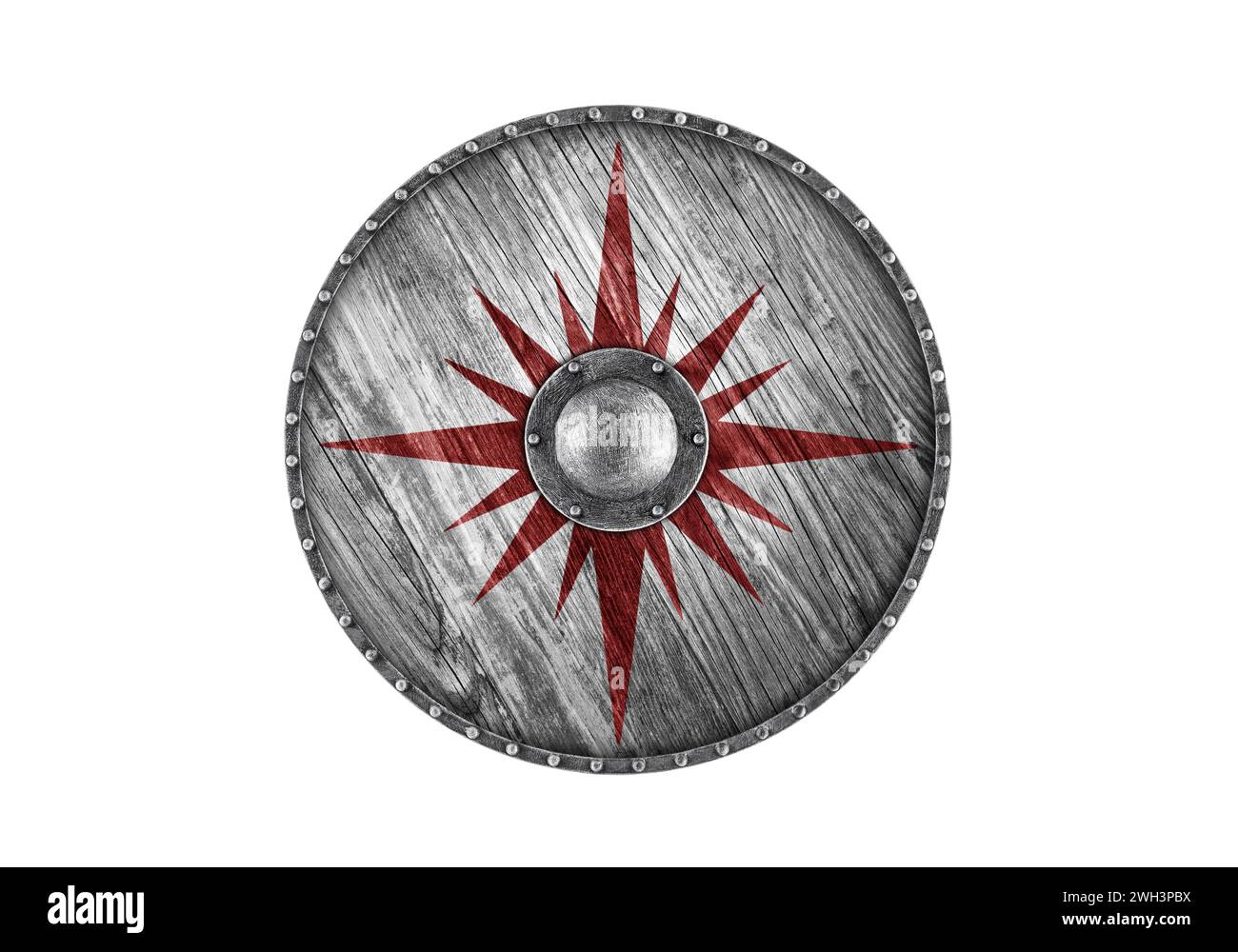 Old decorated wooden round shield isolated on white background Stock ...