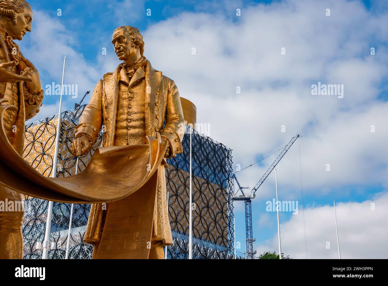 Golden Historical Statue and Modern Library of Birmingham Under Blue ...
