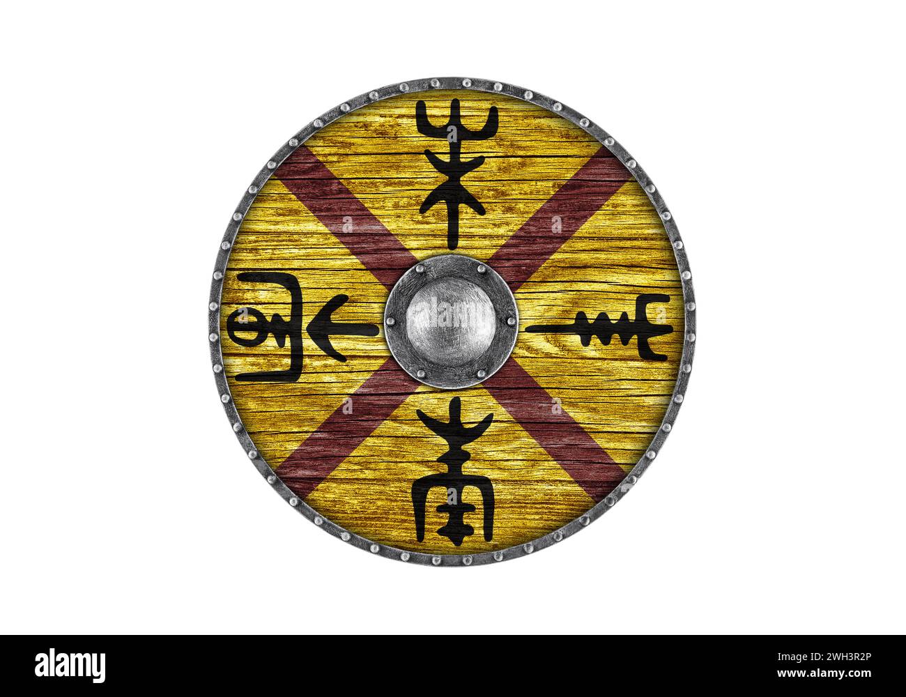 Old decorated wooden round shield isolated on white background Stock ...