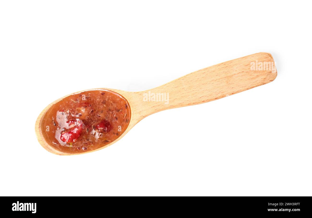 Spoon with tasty gooseberry jam on white background Stock Photo - Alamy