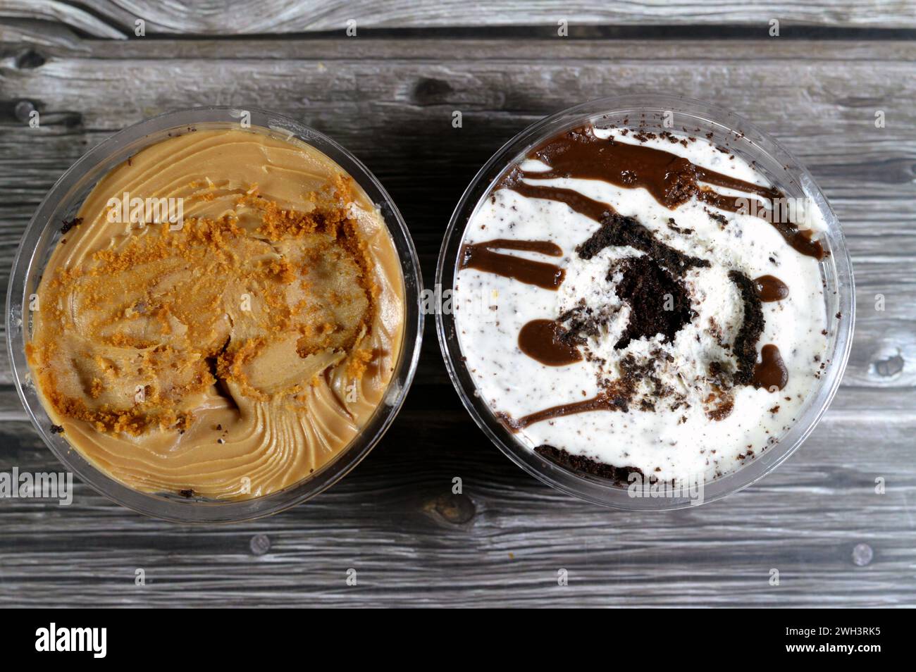 creamy biscuit mousse with chocolate sauce, with fudge cake and brown ...