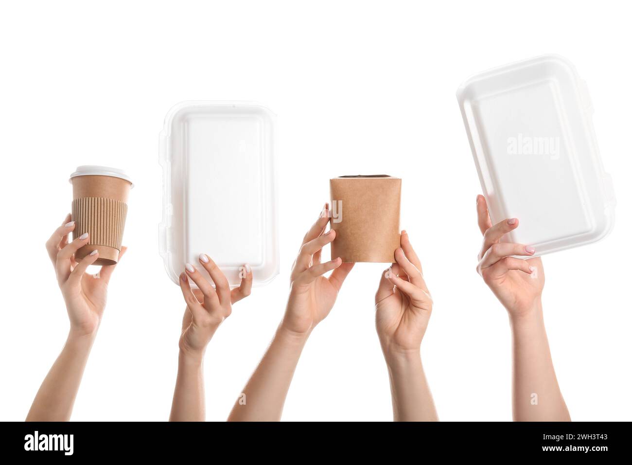 Female hands with takeaway paper cup and different containers on white ...