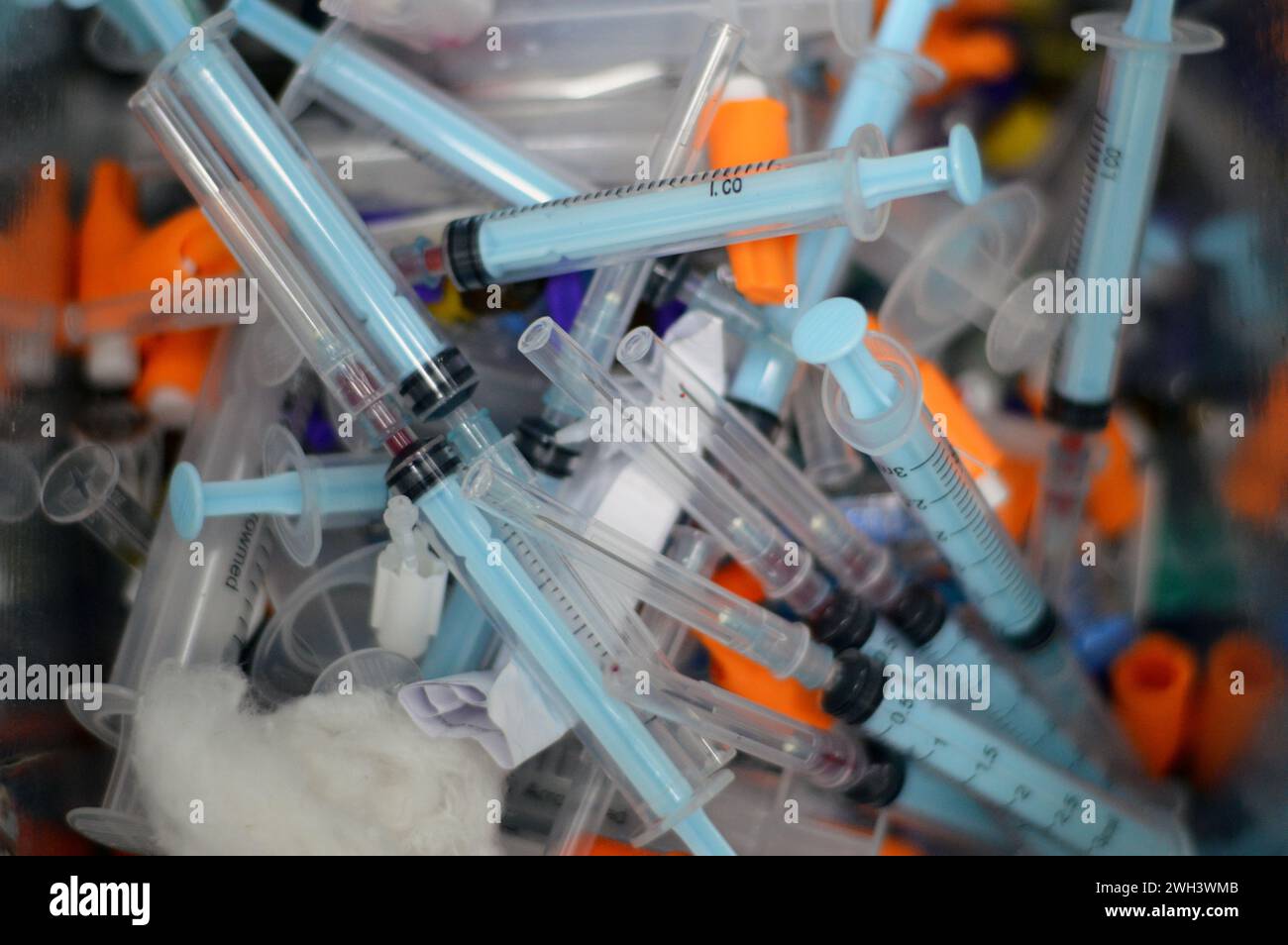 Cairo, Egypt, February 1 2024: medical waste of sharp needles, syringes ...