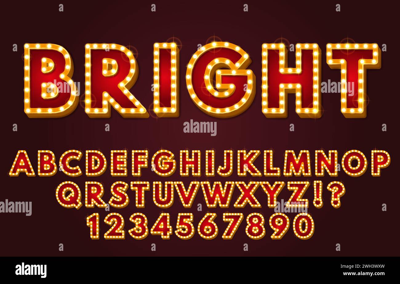 Glowing alphabet display font. Retro letters and numbers with light ...