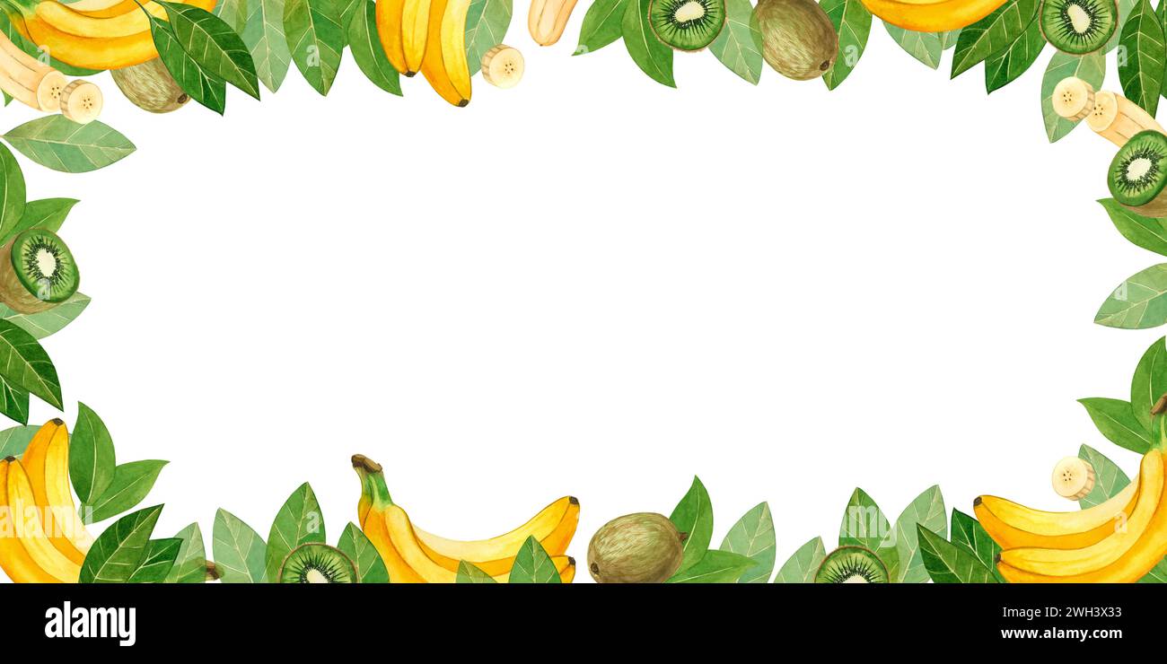 Rectangular frame made of fruits. Watercolor elements bananas and kiwi ...