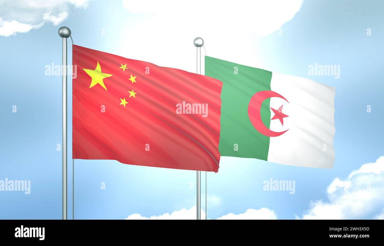 3D Flag of China and Algeria on Blue Sky with Sun Shine Stock Photo - Alamy
