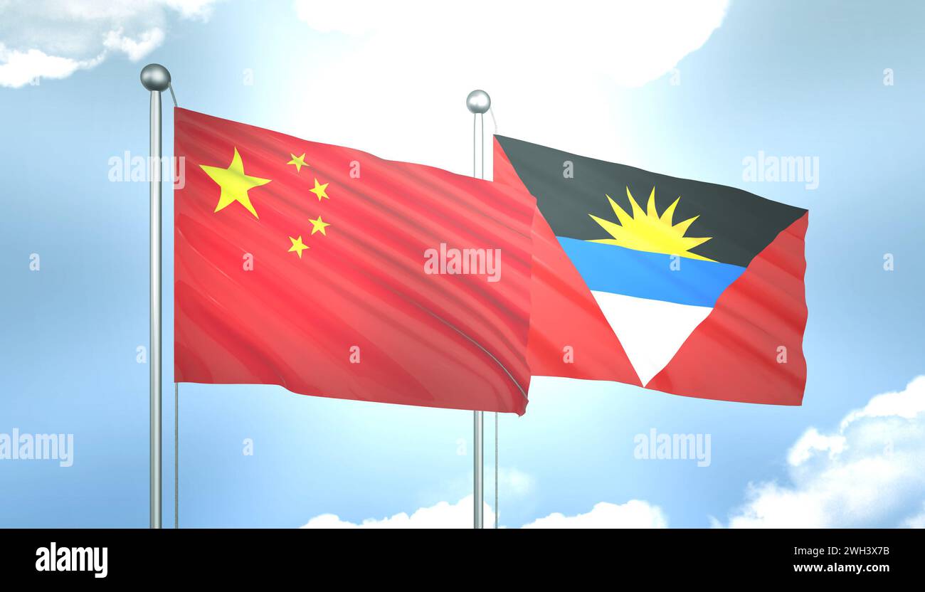 3D Flag of China and Antigua and Barbuda on Blue Sky with Sun Shine ...