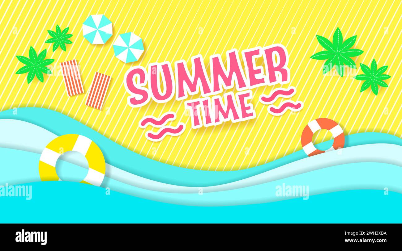 Summer design with paper cut tropical beach bright Color background ...