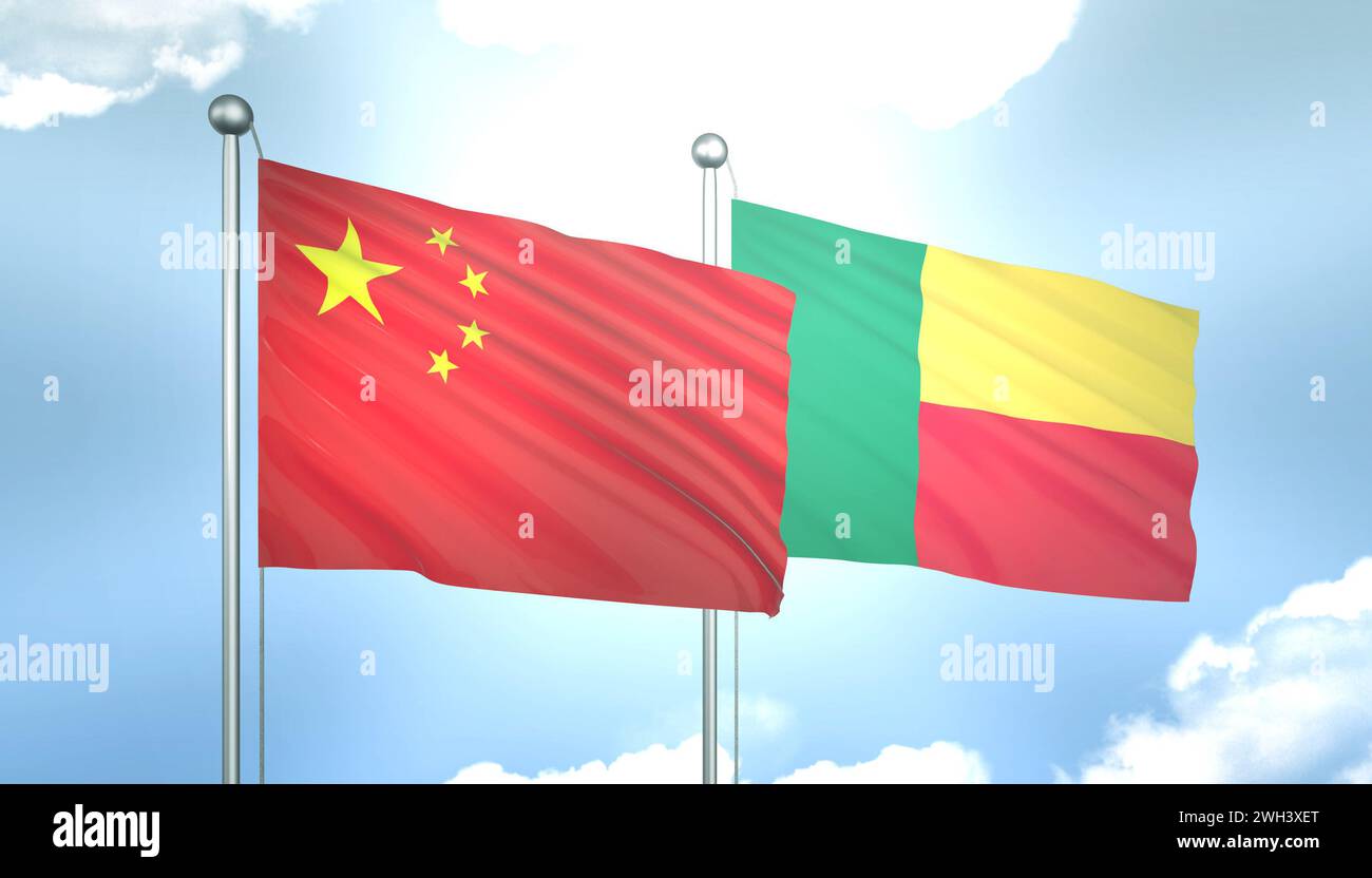3D Flag of China and Benin on Blue Sky with Sun Shine Stock Photo - Alamy