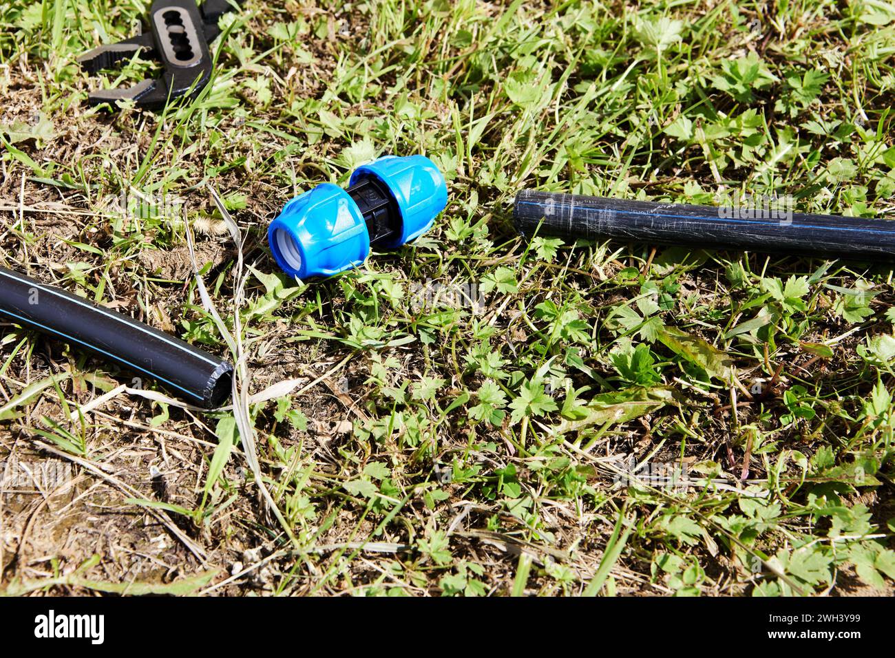 Installation of watering pipeline, connecting fitting for HDPE pipes ...