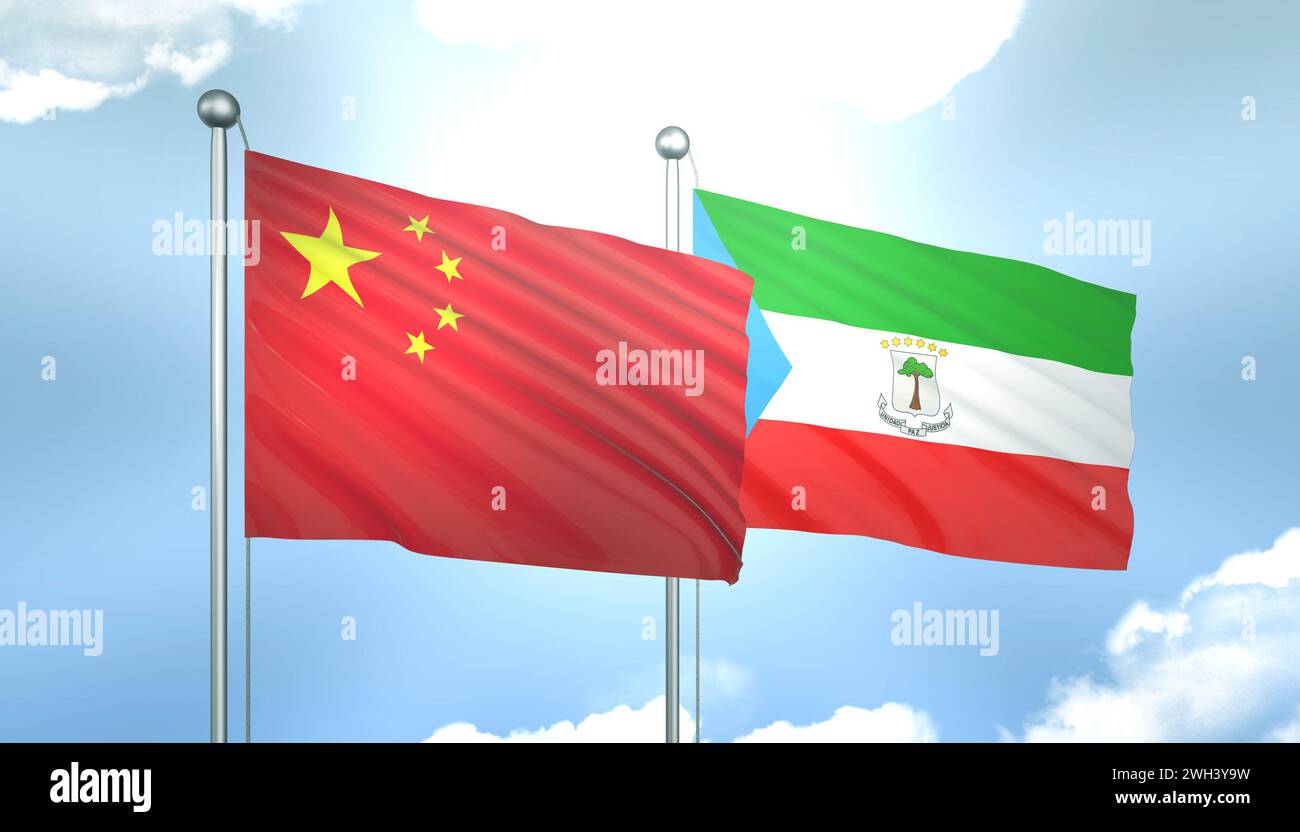 3D Flag of China and Equatorial Guinea on Blue Sky with Sun Shine Stock ...