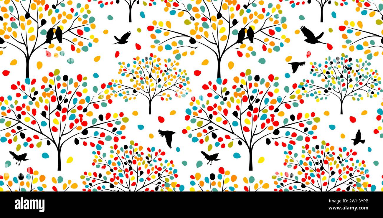 Seamless pattern of trees with colored leaves and flying birds. Hand ...