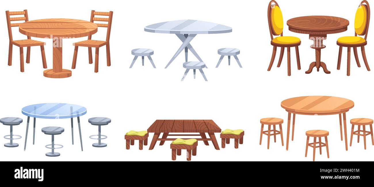 Cartoon furniture. Tables with chairs for dining, restaurant and picnic ...