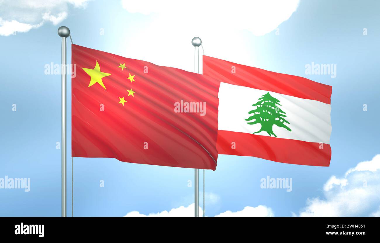 3D Flag of China and Lebanon on Blue Sky with Sun Shine Stock Photo - Alamy