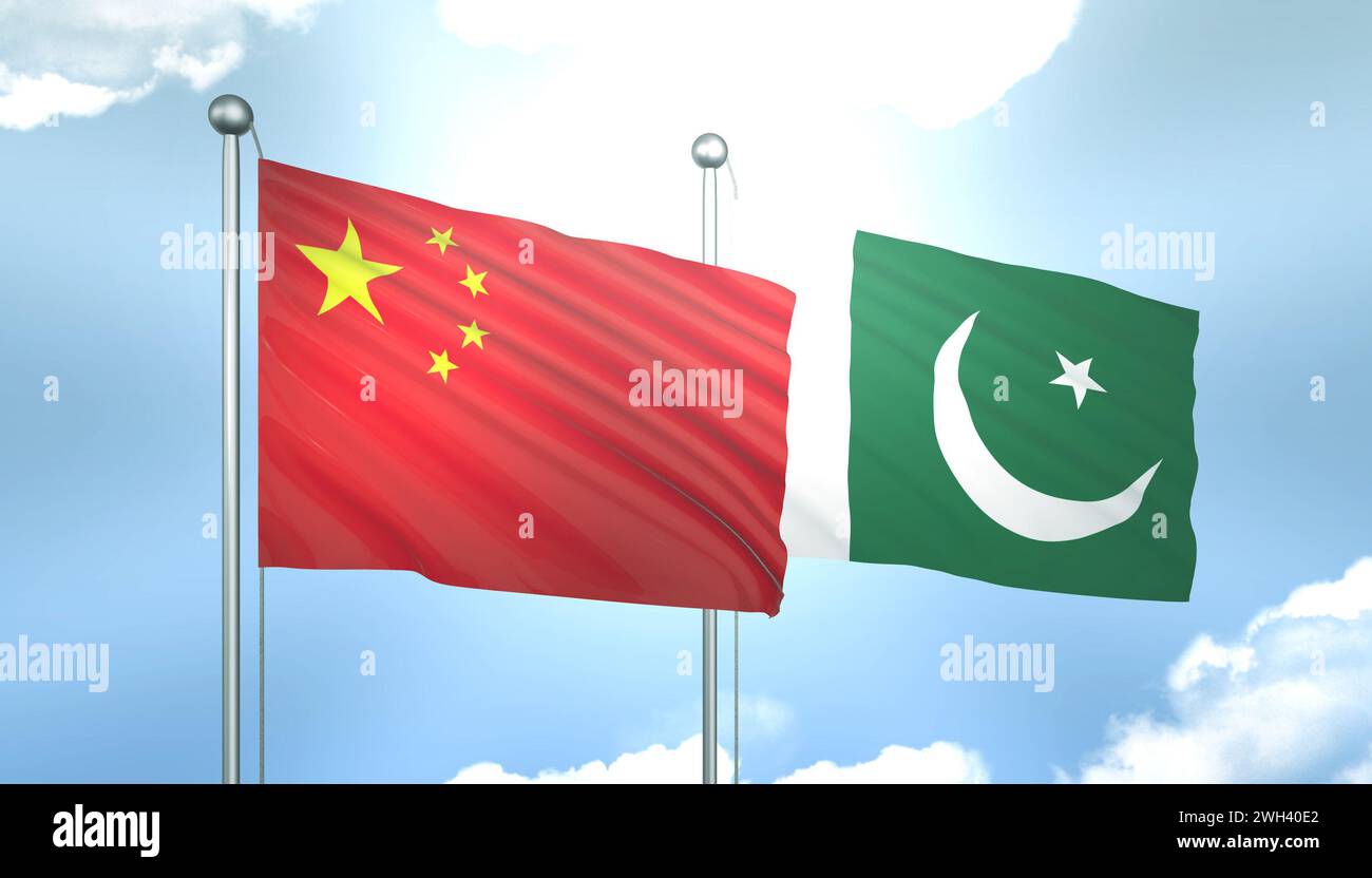 3D Flag of China and Pakistan on Blue Sky with Sun Shine Stock Photo ...