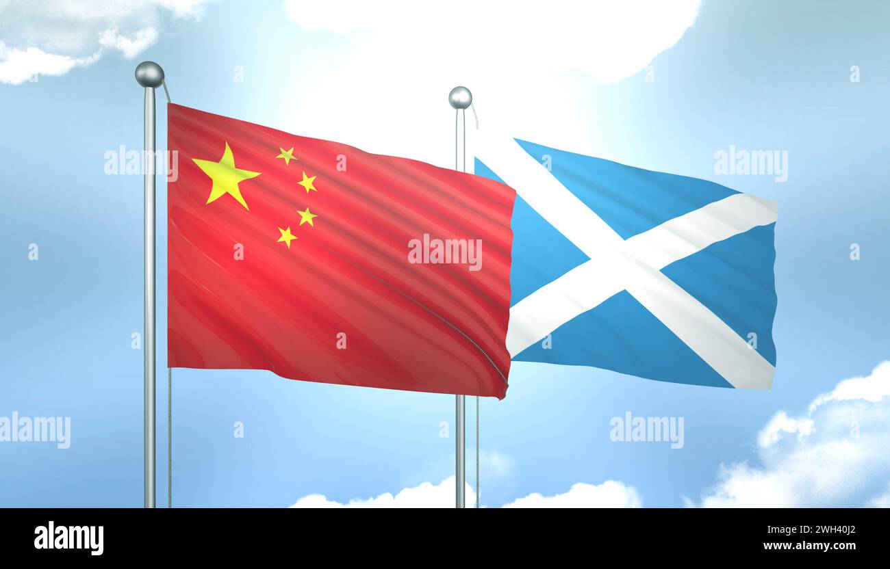 3D Flag of China and Scotland on Blue Sky with Sun Shine Stock Photo ...