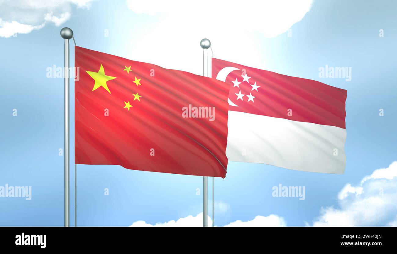 3D Flag of China and Singapore on Blue Sky with Sun Shine Stock Photo ...