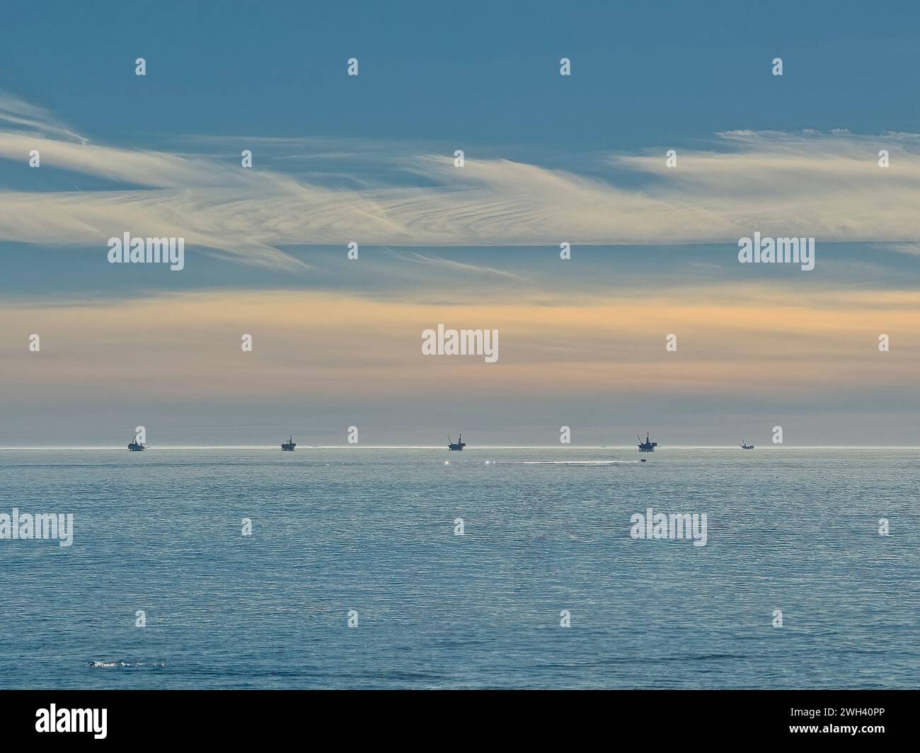 Santa Barbara, CA, USA - January 28, 2024: Five offshore oil rigs on ...