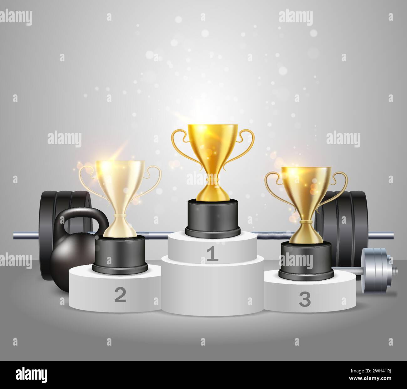 Powerlifting challenge, vector realistic illustration. Gold, silver and ...