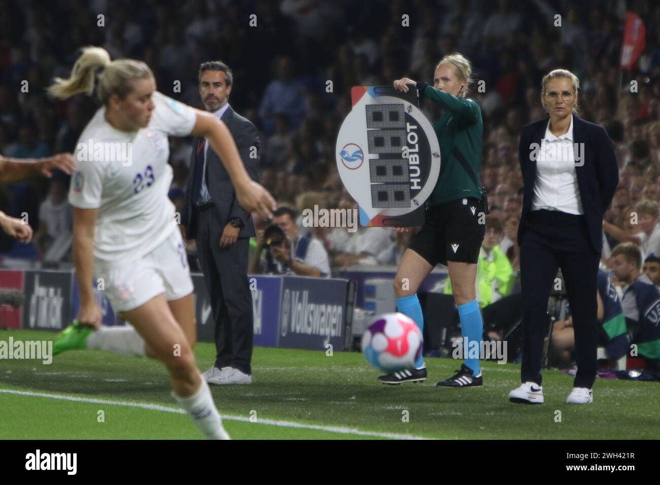 Fourth official gets substitues board ready England v Spain UEFA Womens ...
