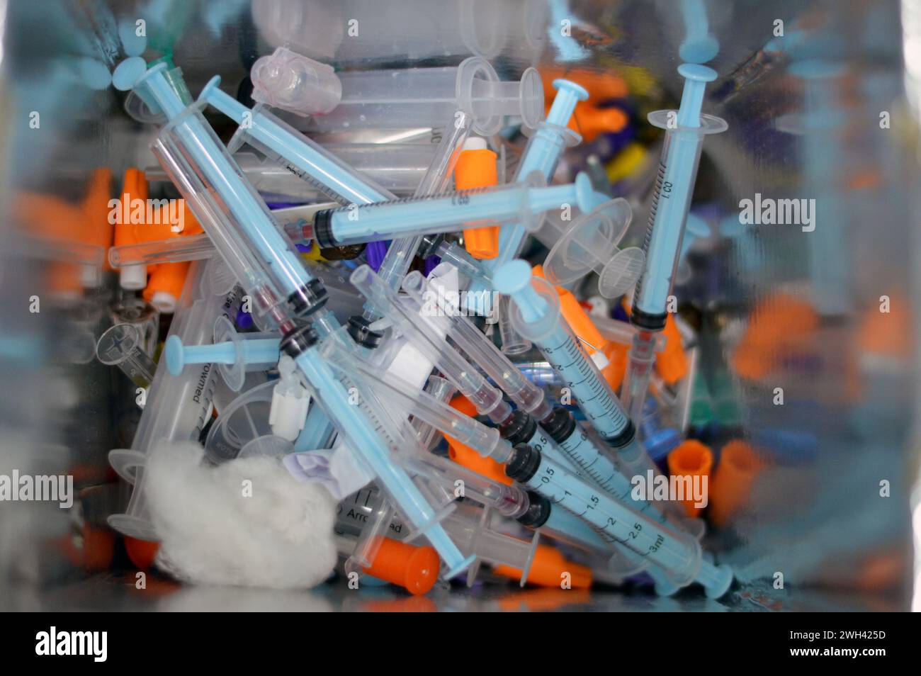 Cairo, Egypt, February 1 2024: medical waste of sharp needles, syringes ...