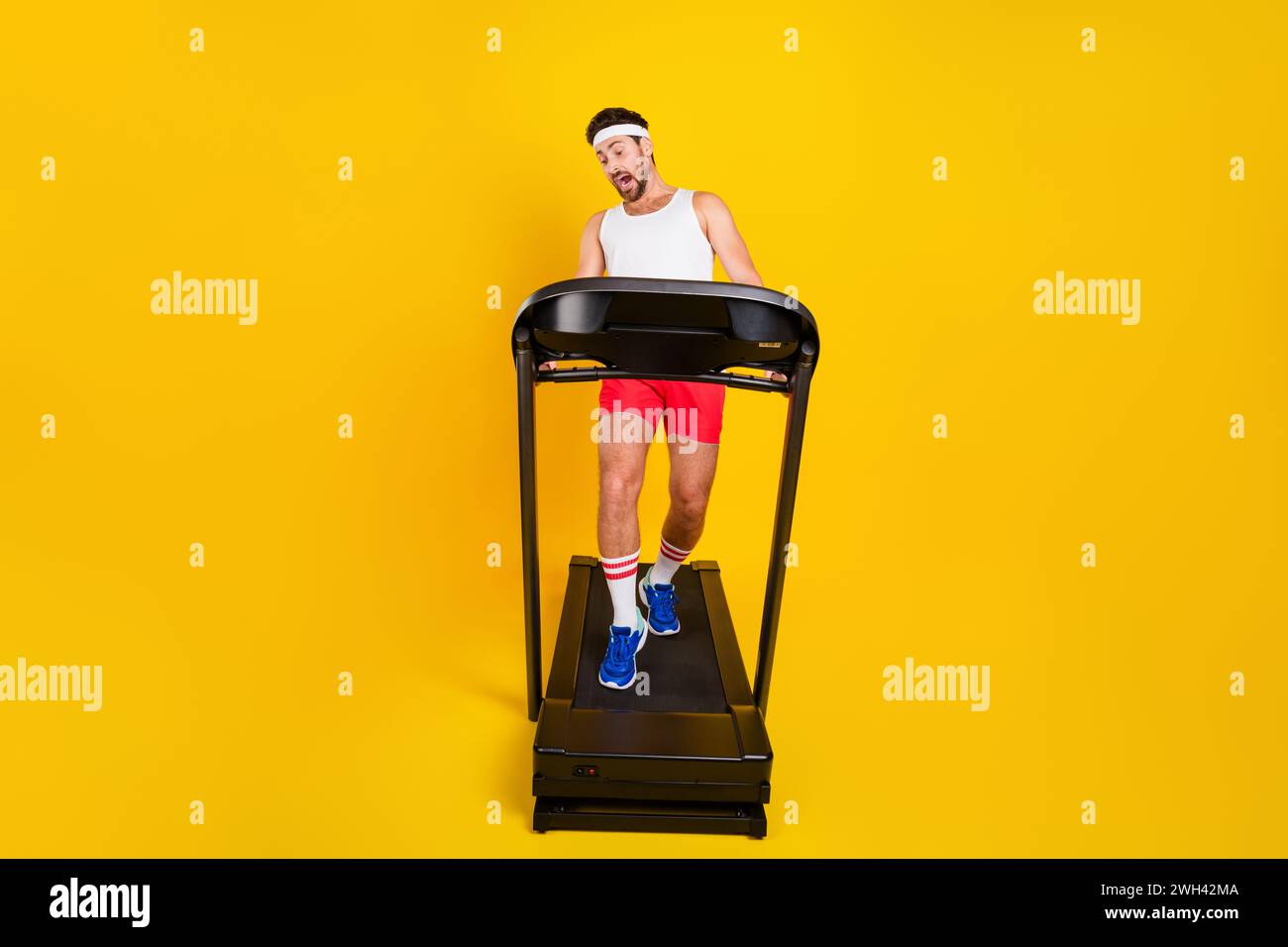 Full length photo of shocked funky guy sportswear running too fast ...