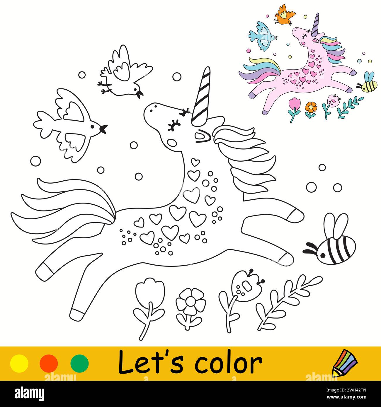 Cartoon doodle unicorn with birds. Kids coloring book page. Unicorn ...