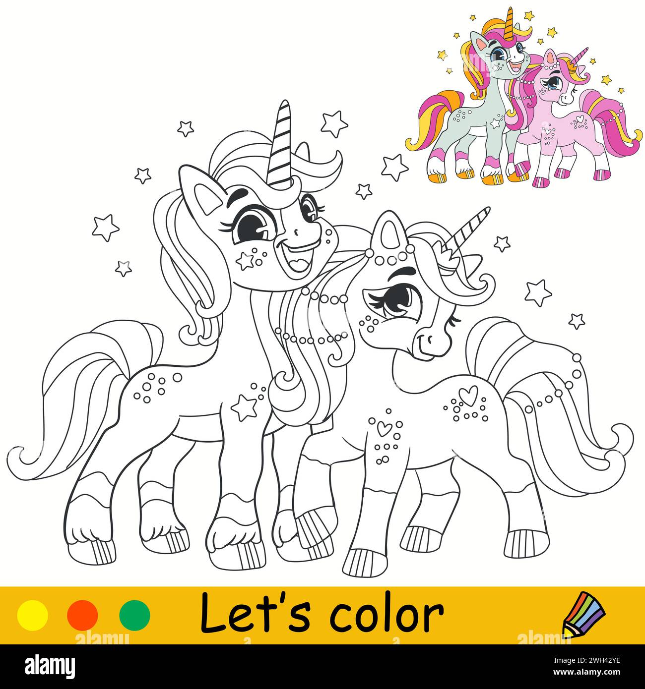 Cartoon cute two unicorn friends . Kids coloring book page. Unicorn character. Black contour ...