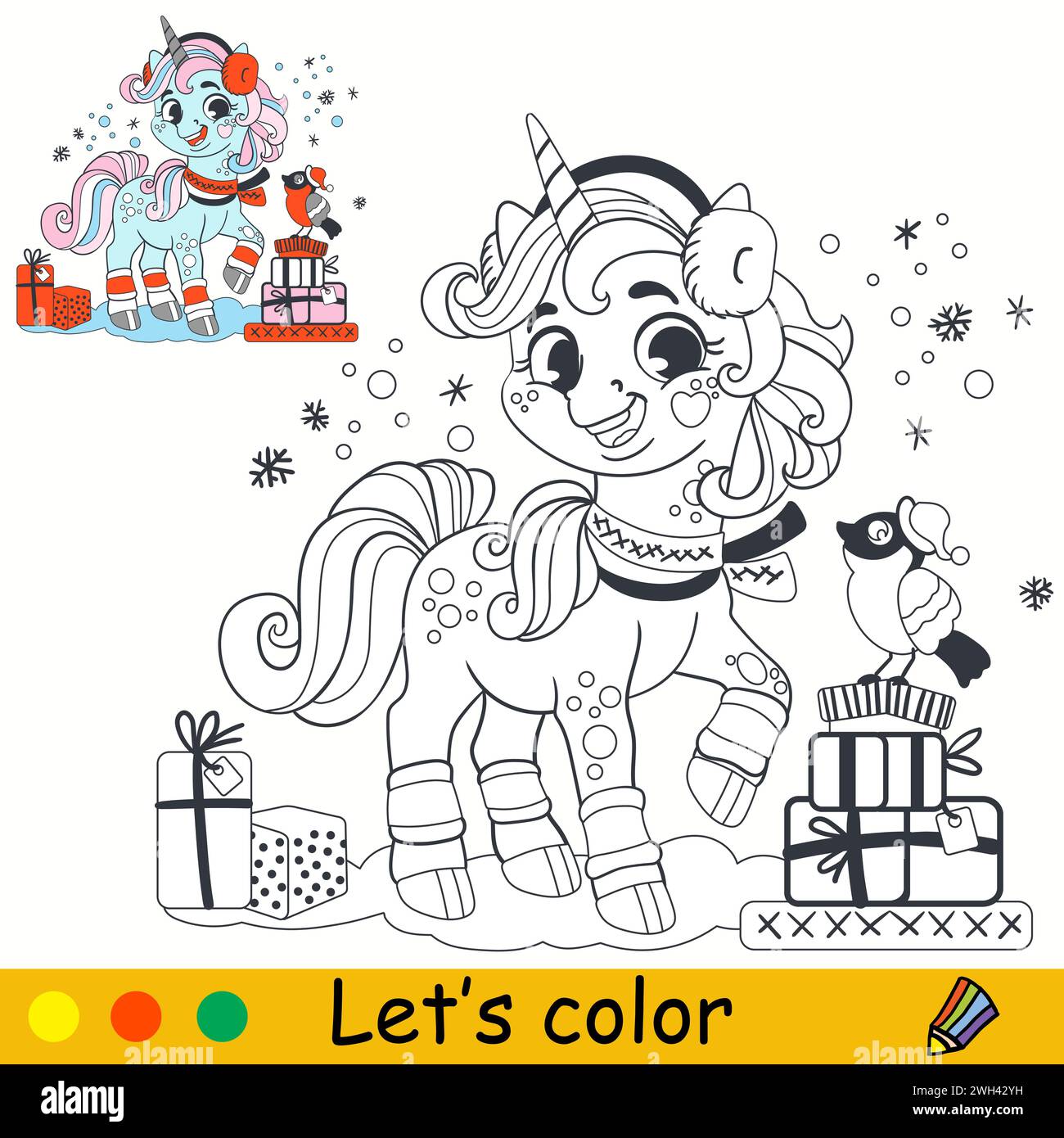 Cartoon Christmas unicorn and gifts. Kids coloring book page. Unicorn ...