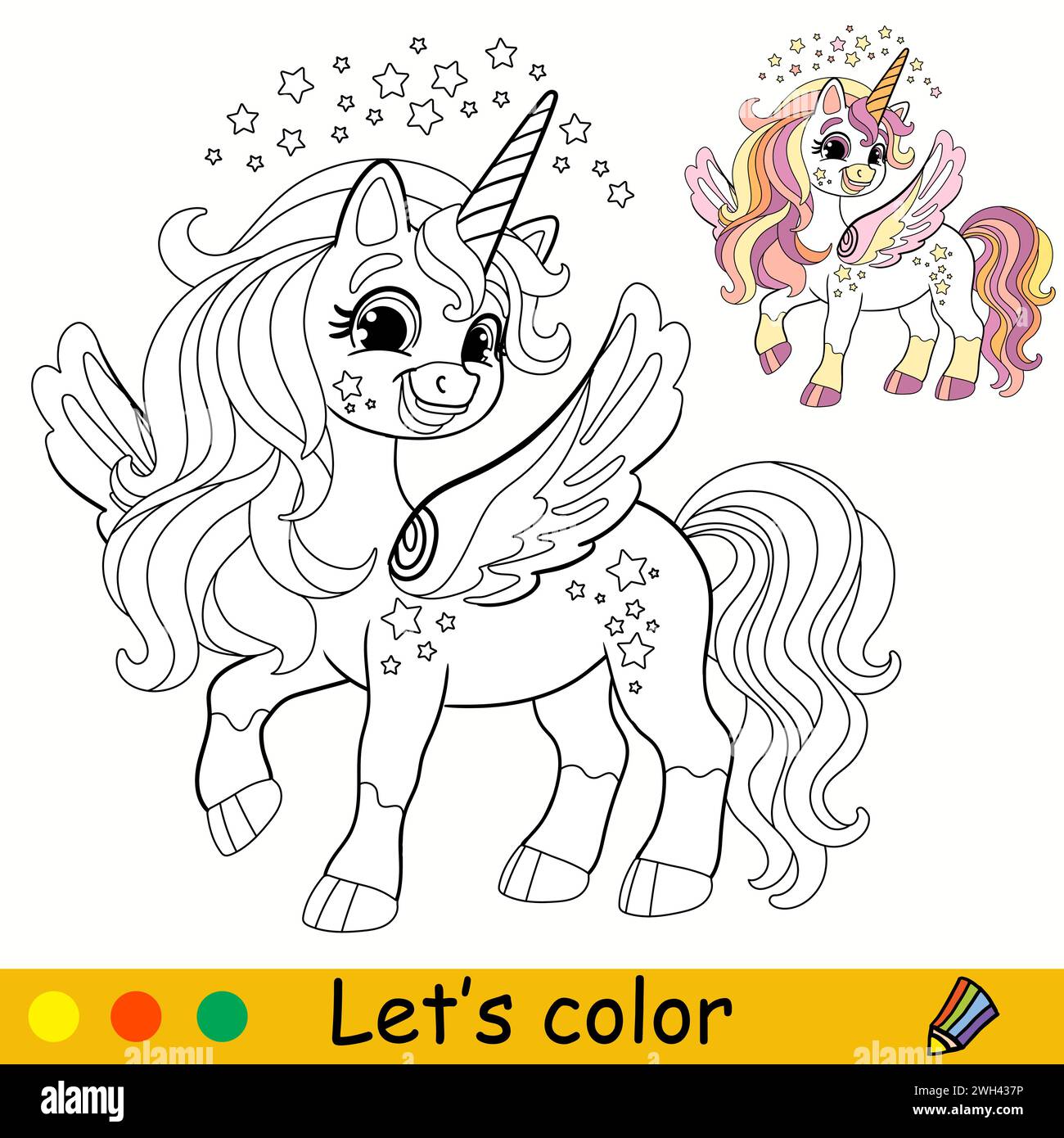 Cartoon cute winged unicorn. Kids coloring book page. Unicorn character ...