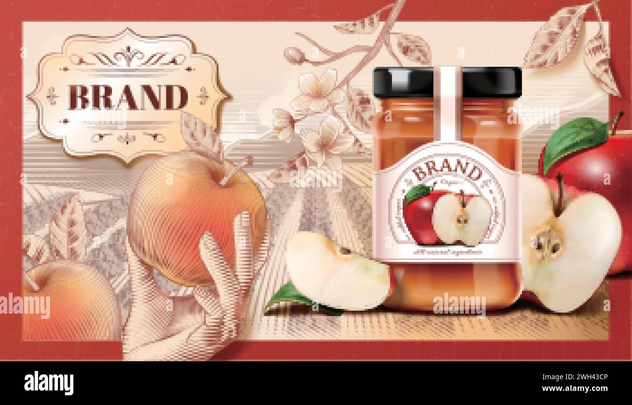 Vintage handmade apple jam ad template. 3d glass jar and fruit with a ...