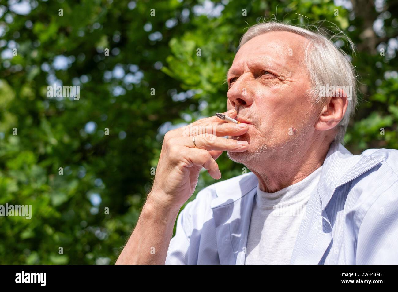 An old man with a cigarette in the park takes a puff of cigarette smoke ...