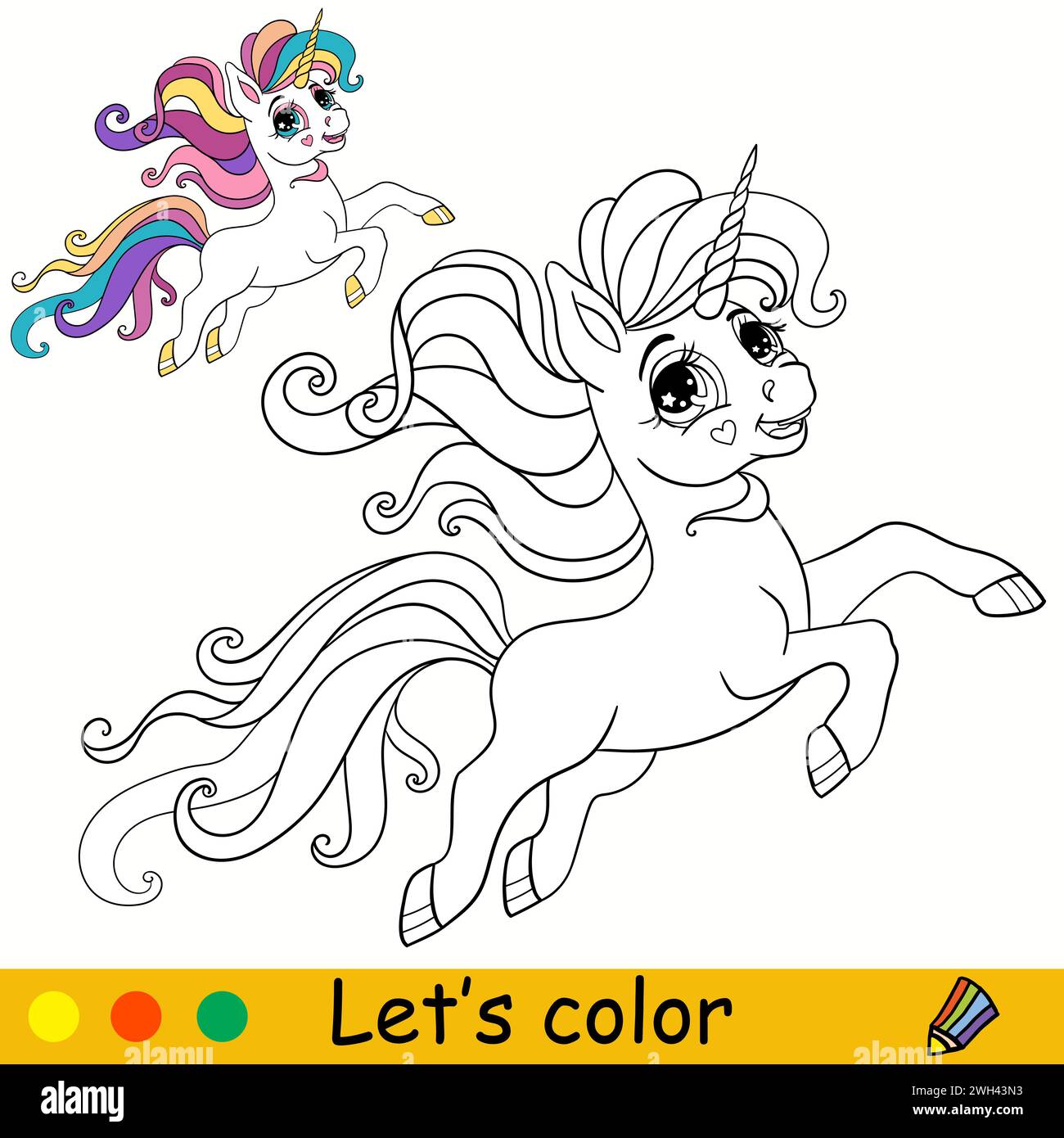 Cartoon cute romantic unicorn. Kids coloring book page. Unicorn ...