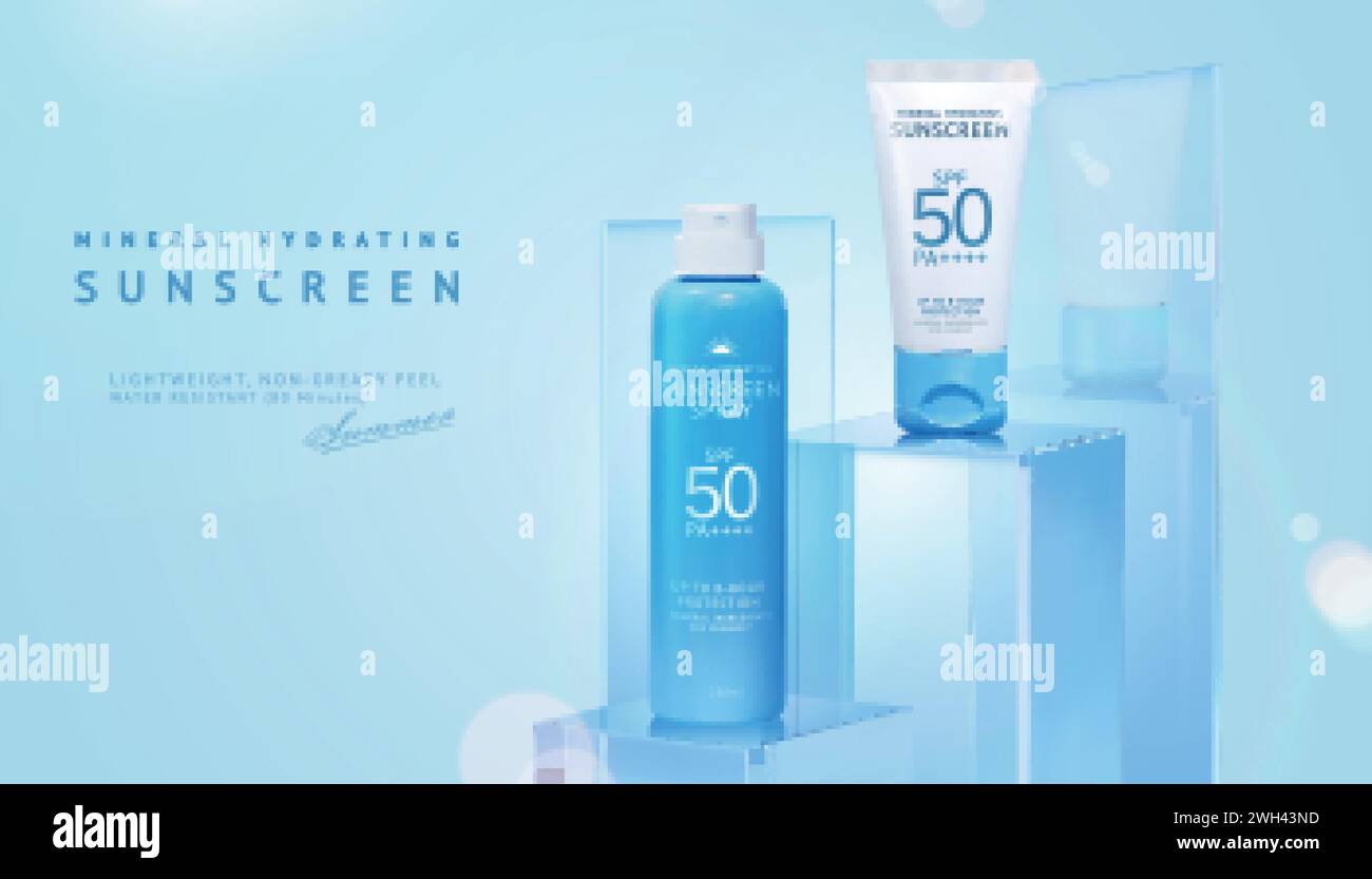 3d sunscreen mock-up on glass display stand decorated with crystal ...