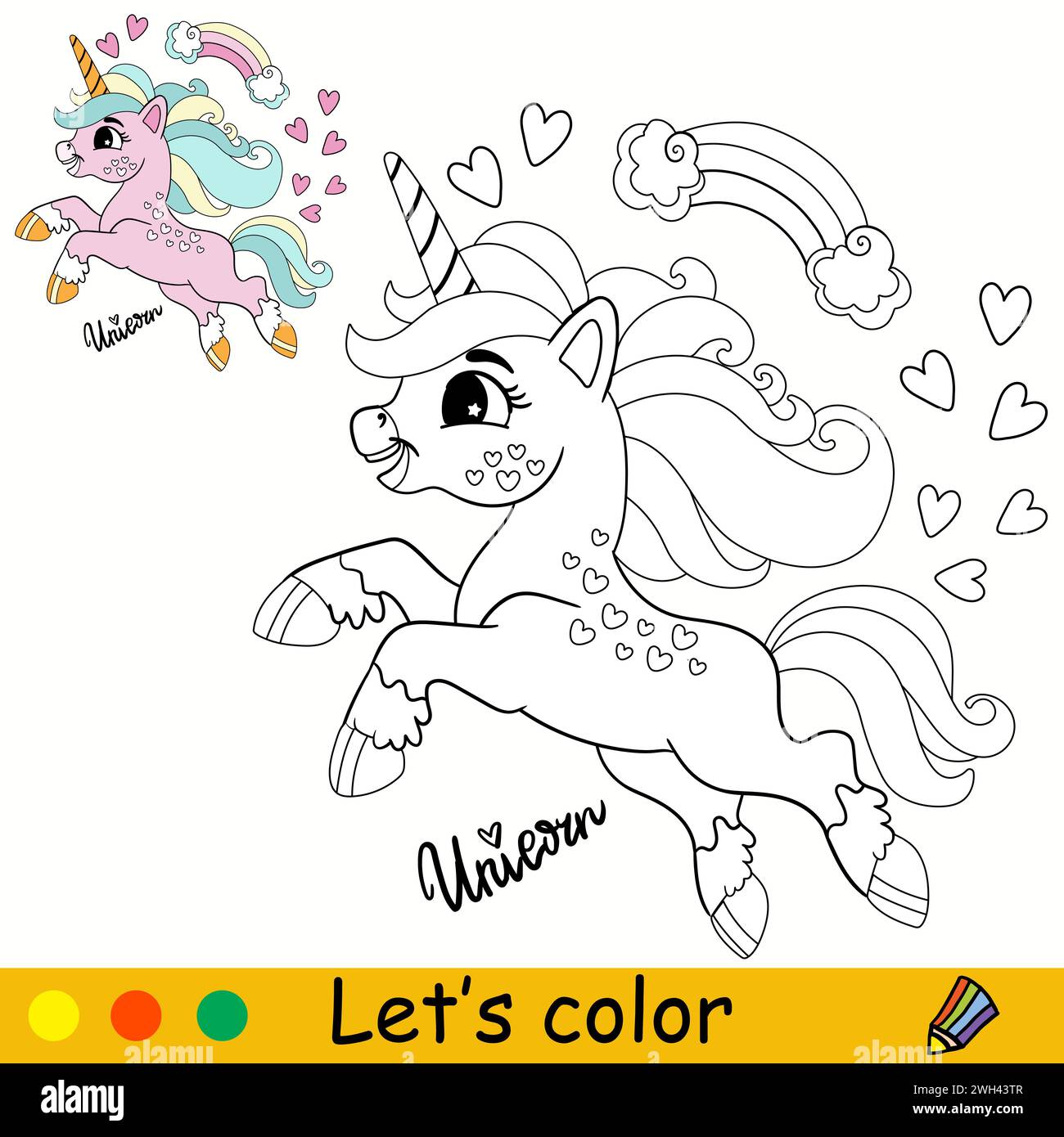 Cartoon cute jumping unicorn. Kids coloring book page. Unicorn ...