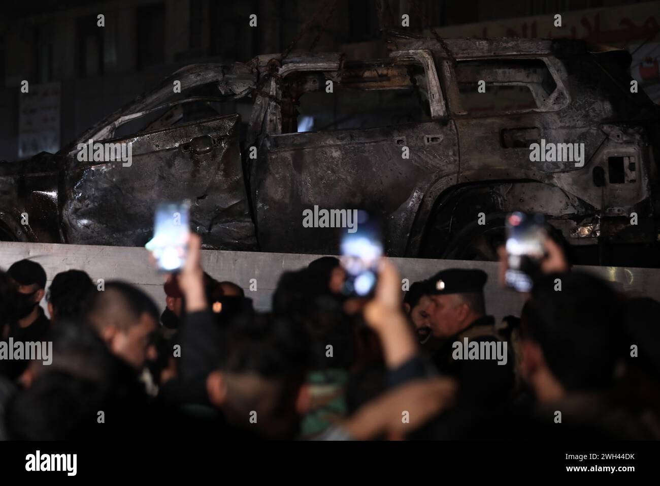 Baghdad, Iraq. 07th Feb, 2024. A vehicle that was hit by a drone strike ...