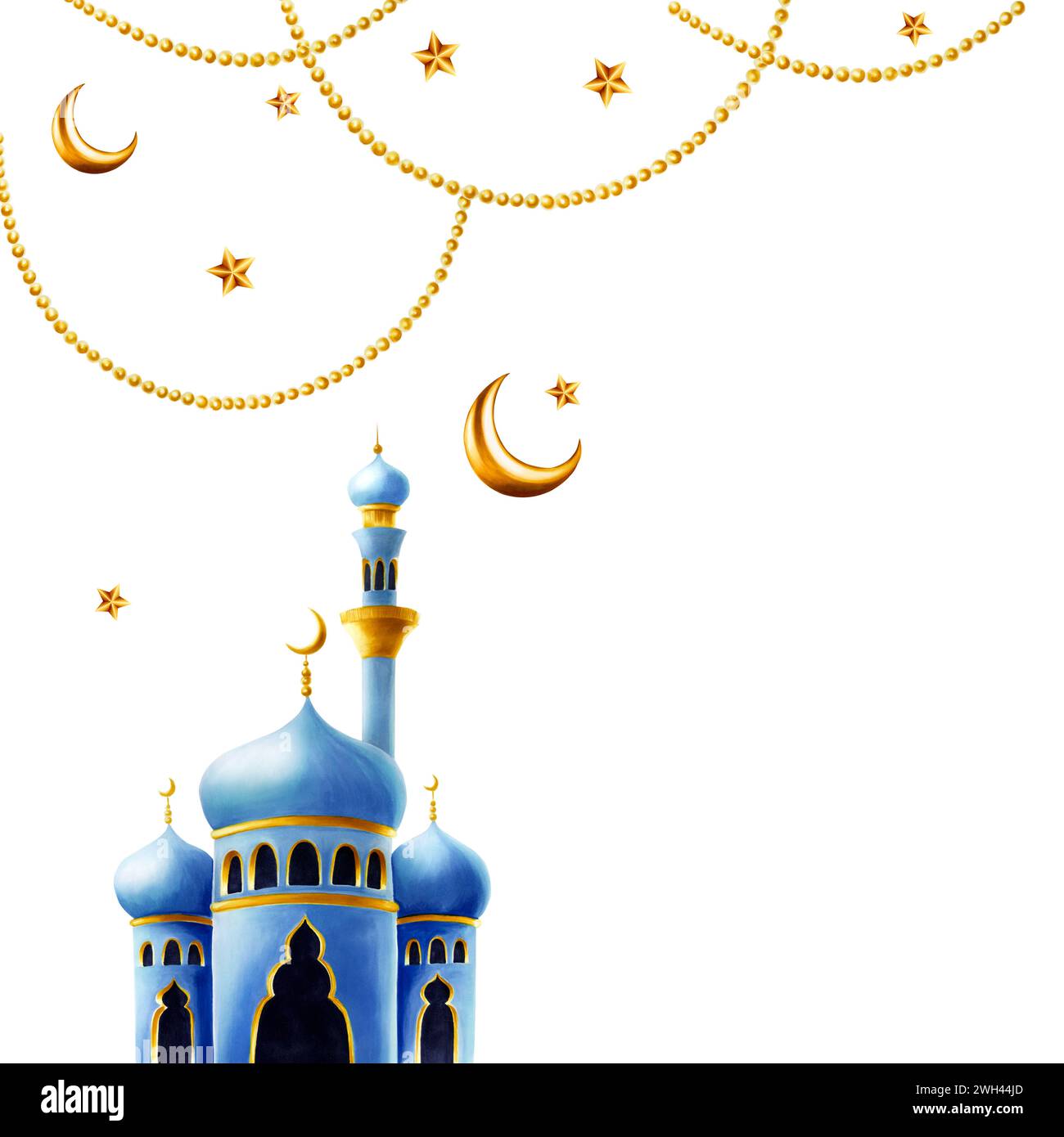 Watercolor Islamic arabian frame with mosque and minaret, golden ...