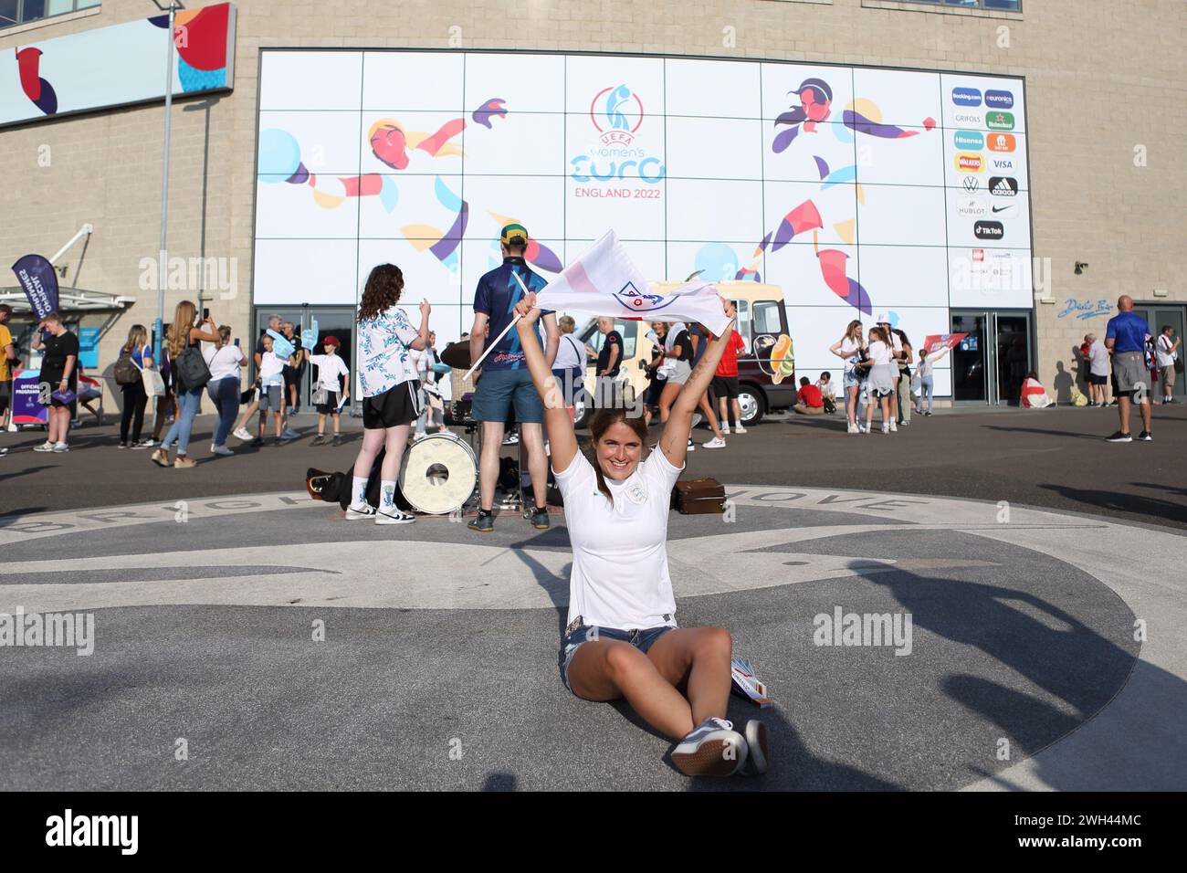 Fans outside stadium in front of tournament branding England v Spain ...