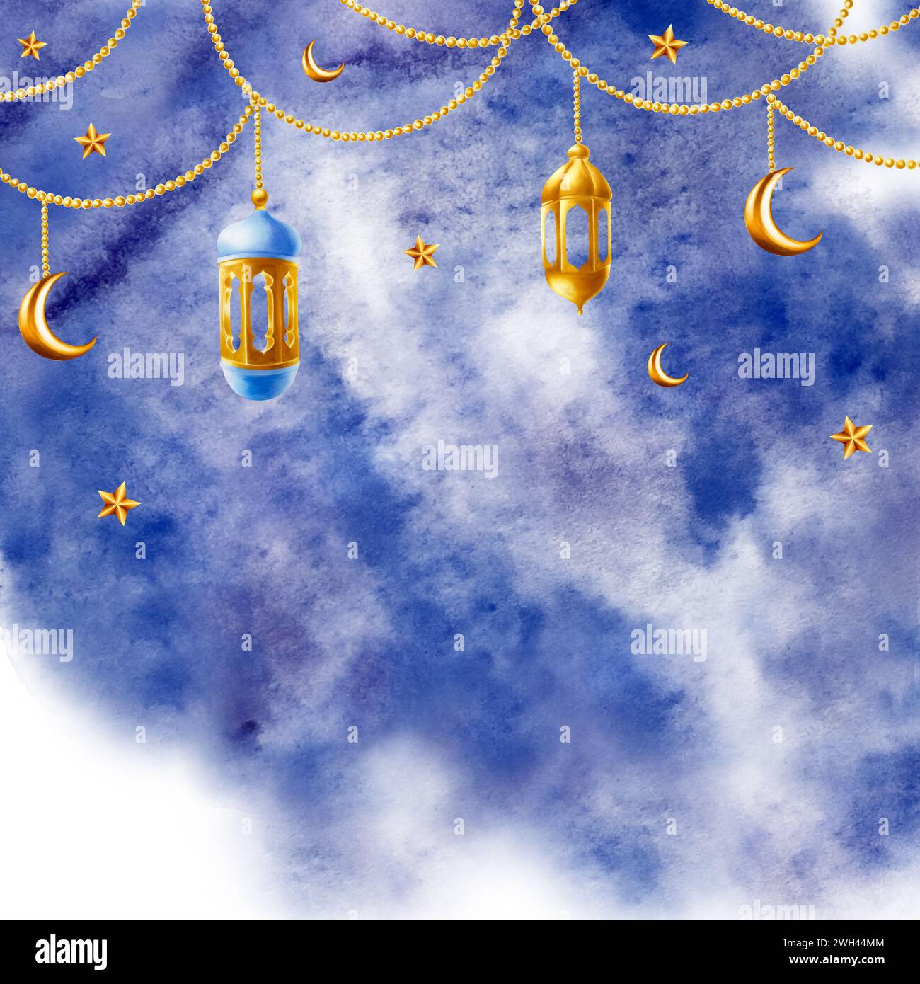 Watercolor Islamic arabian frame with golden crescent moon, stars on a ...