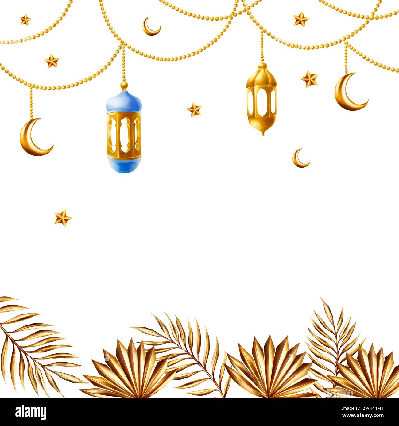 Watercolor Islamic arabian frame, templates with golden crescent moon ...