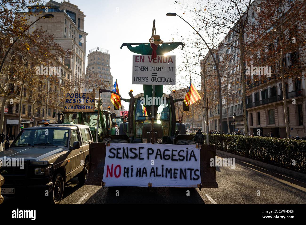 Barcelona, Spain. , . Tractors with placards and catalan flags are seen ...