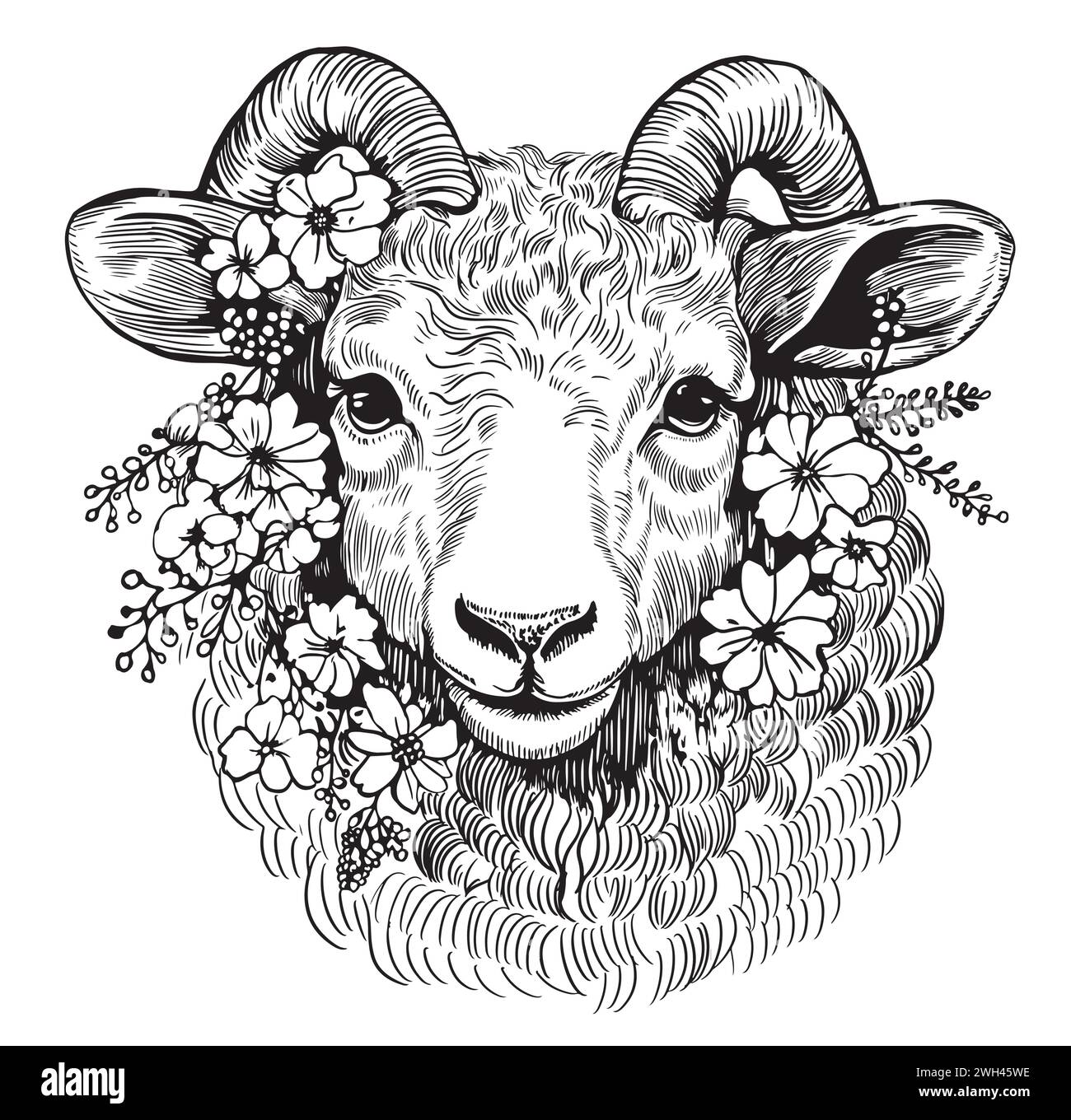 Vector sheep with flowers. Hand drawn illustration of dressed sheep ...