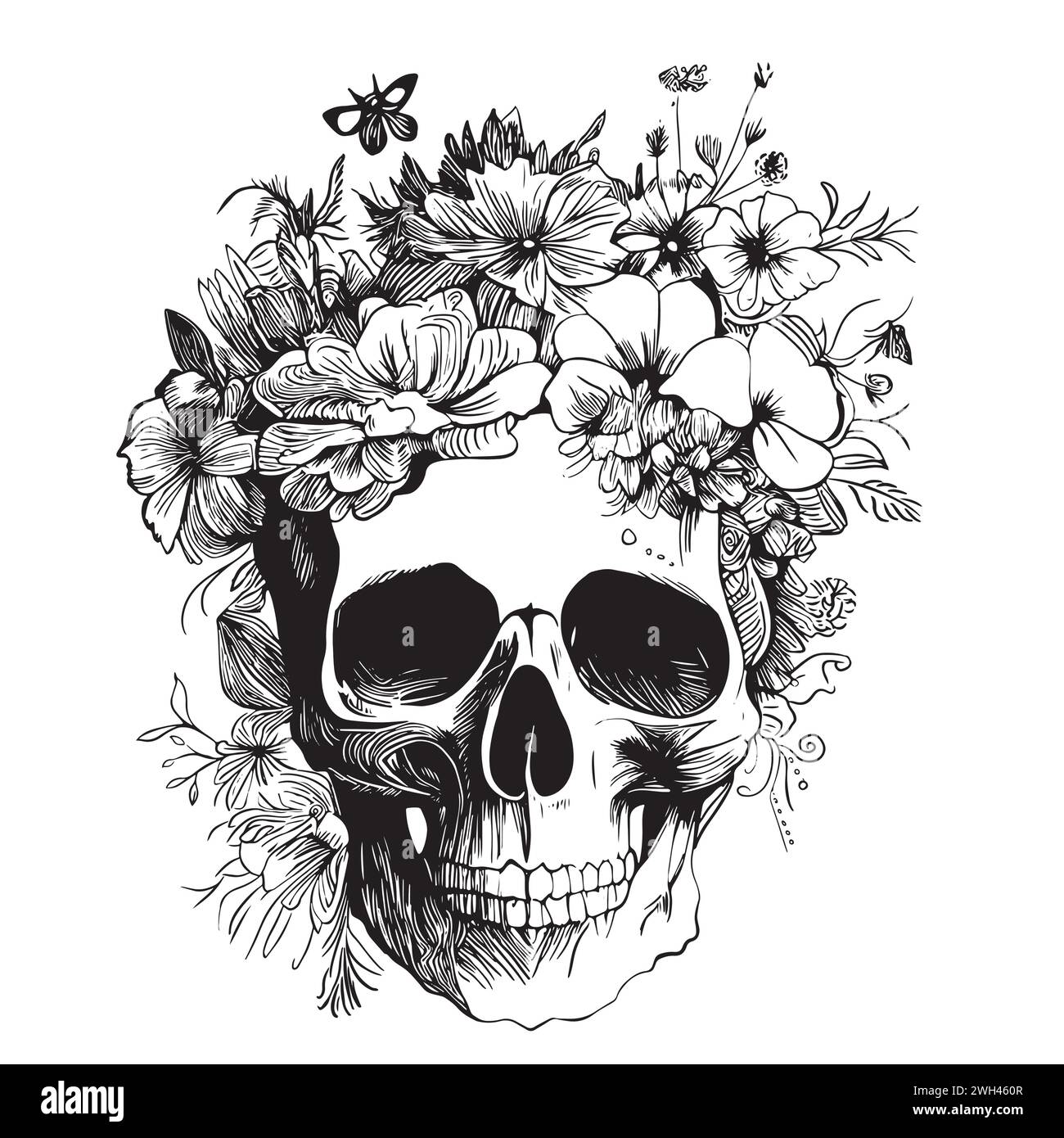 Skull with flowers, with roses. Human skull portrait with flower crown ...