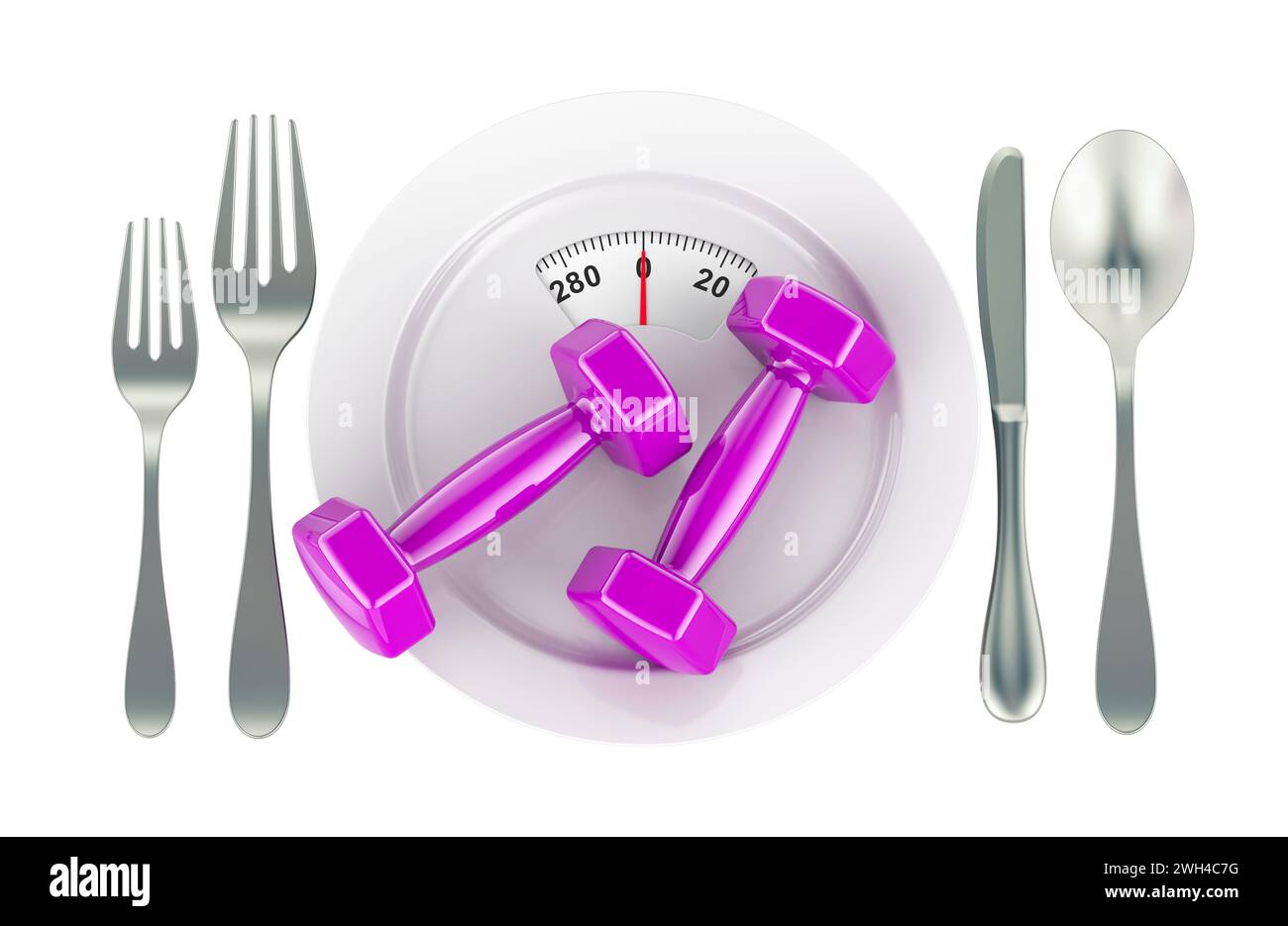 Fitness dumbbells on the plate with weight scale. 3D rendering isolated ...